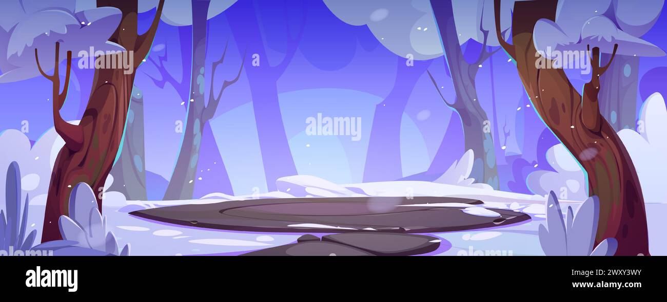 Stone round battleground arena or podium in winter snowy forest ...