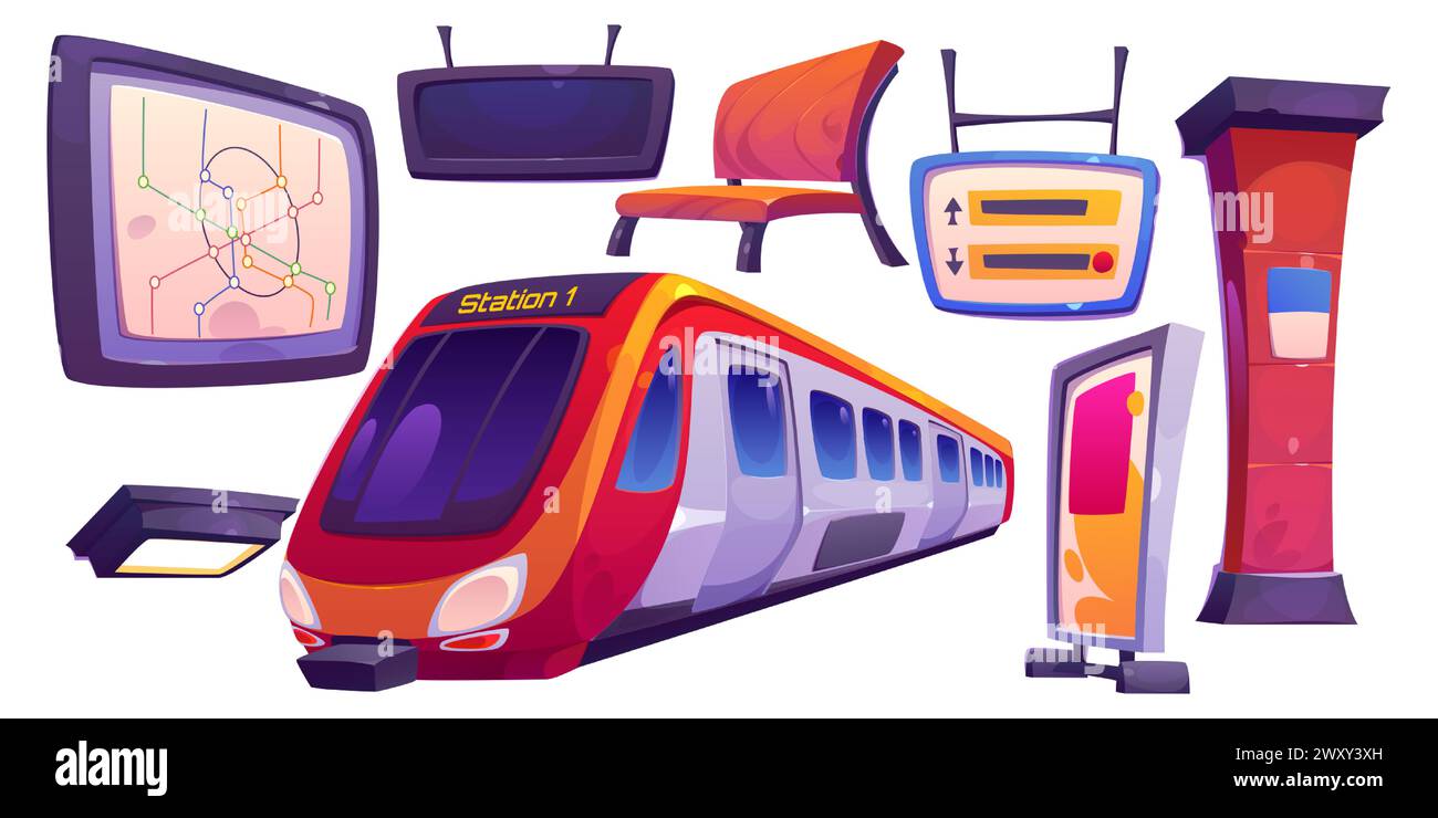 Subway train and platform equipment set. Cartoon vector illustration ...