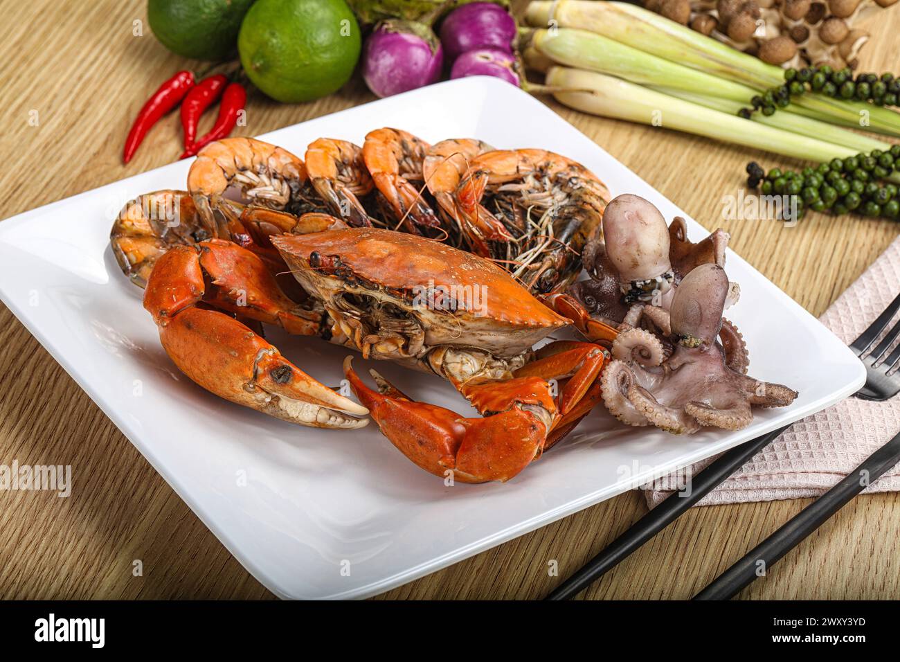 Luxury seafood mix - crab, tiger prawn, octopus Stock Photo - Alamy