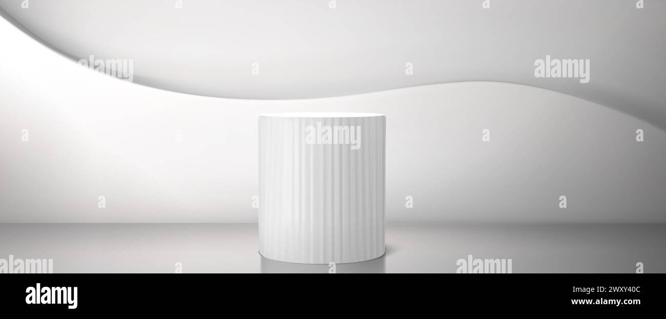 3d white column podium with wave. Museum pedestal. Empty greek stand ...