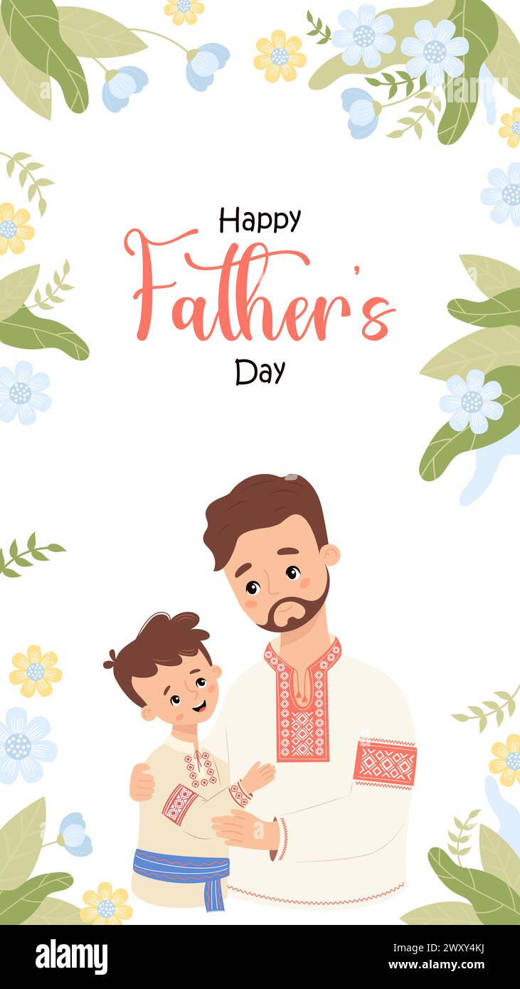Happy Father's Day poster. Ukrainian man dad with son in traditional ...