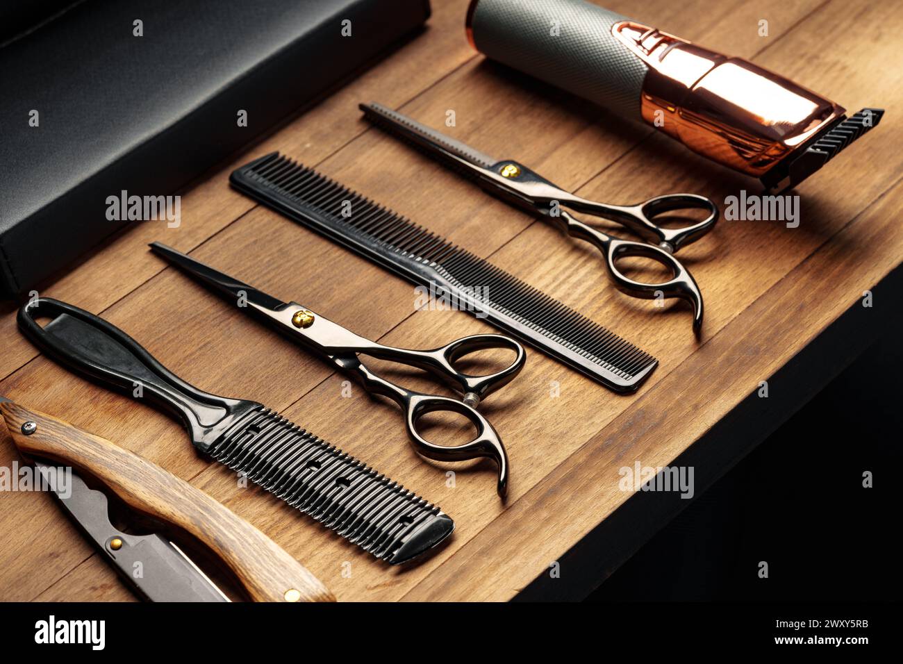 Professional Barber Tools Laid Out on Wooden Surface for Mens Grooming ...