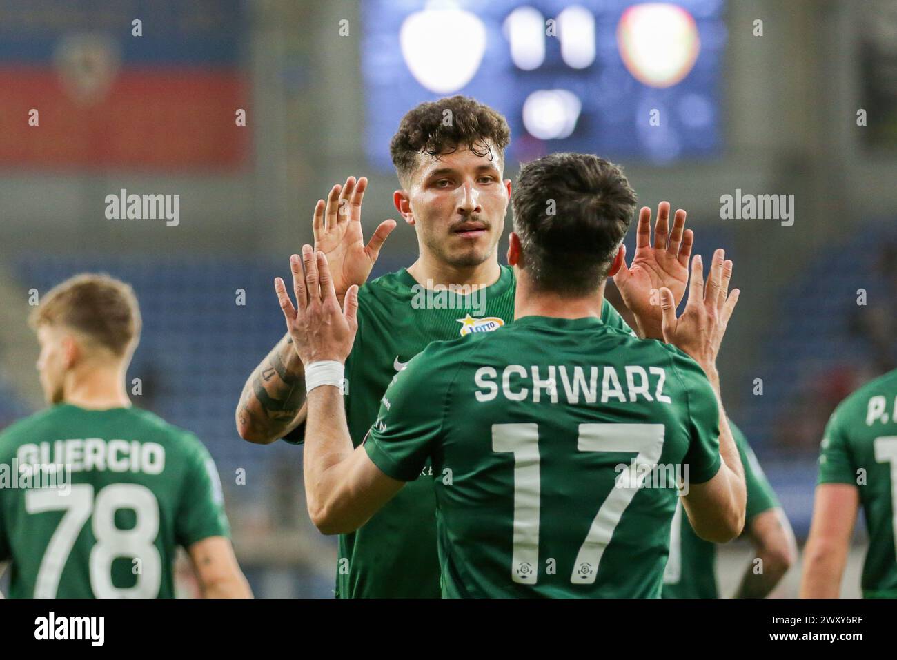 Gliwice, Poland. 30th Mar, 2024. Erik Exposito of Slask Wroclaw (L) and ...