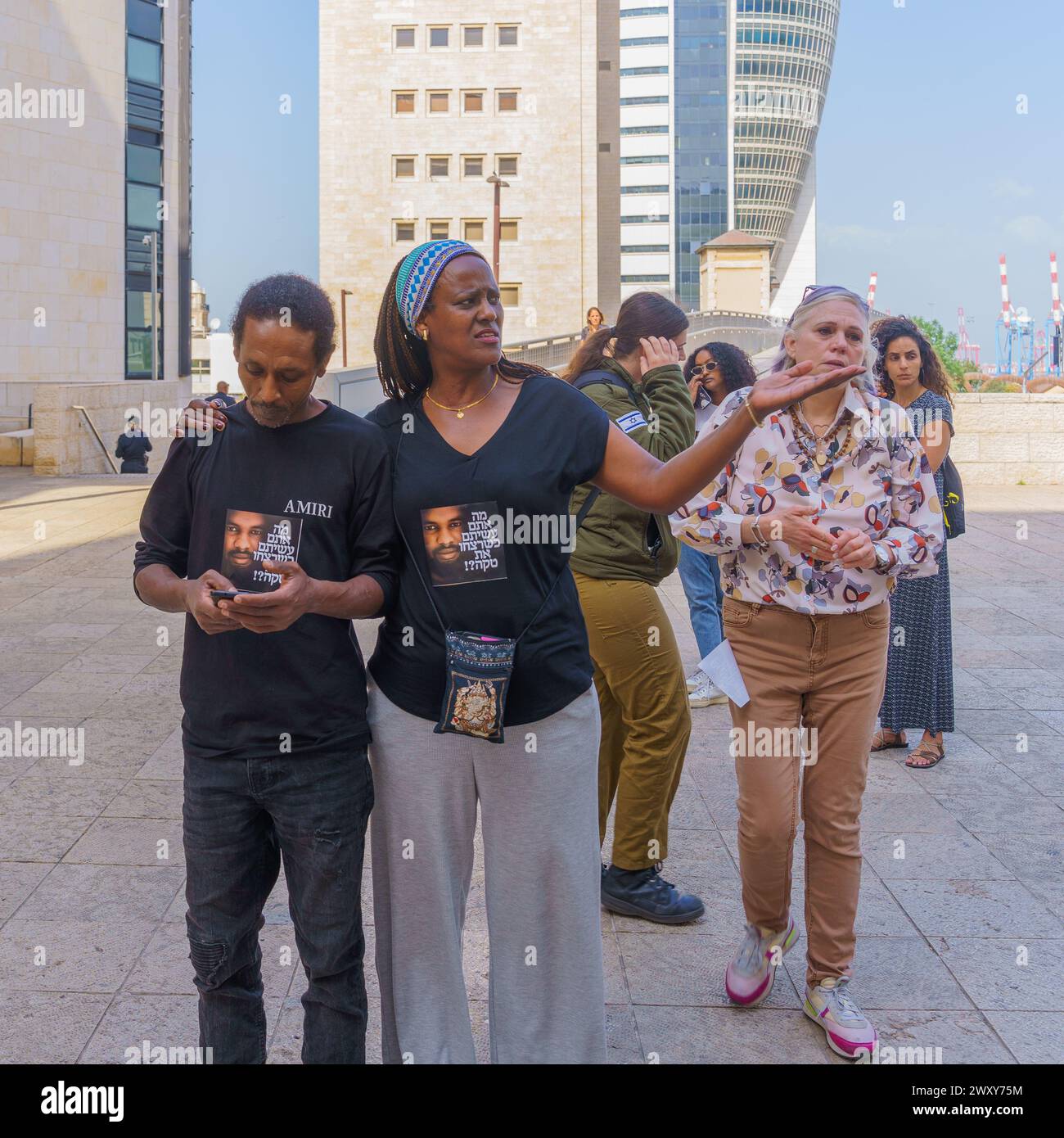 Haifa, Israel - April 02, 2024: Supporters of Solomon Teka family receive the news about a ...
