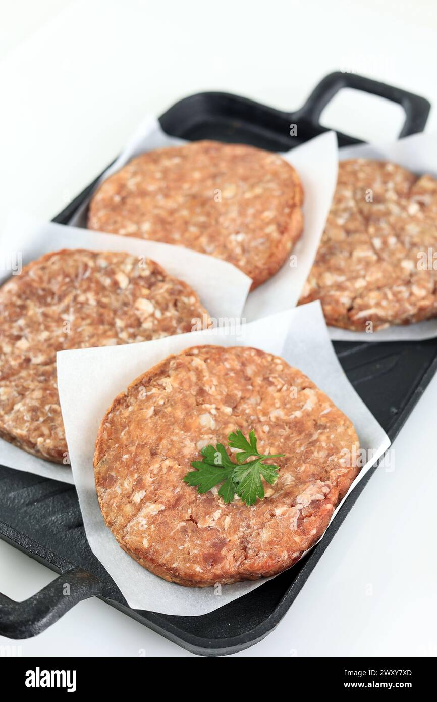 Top View Homemade Beef Burger Patty on Black Cast Iron Pan Stock Photo ...