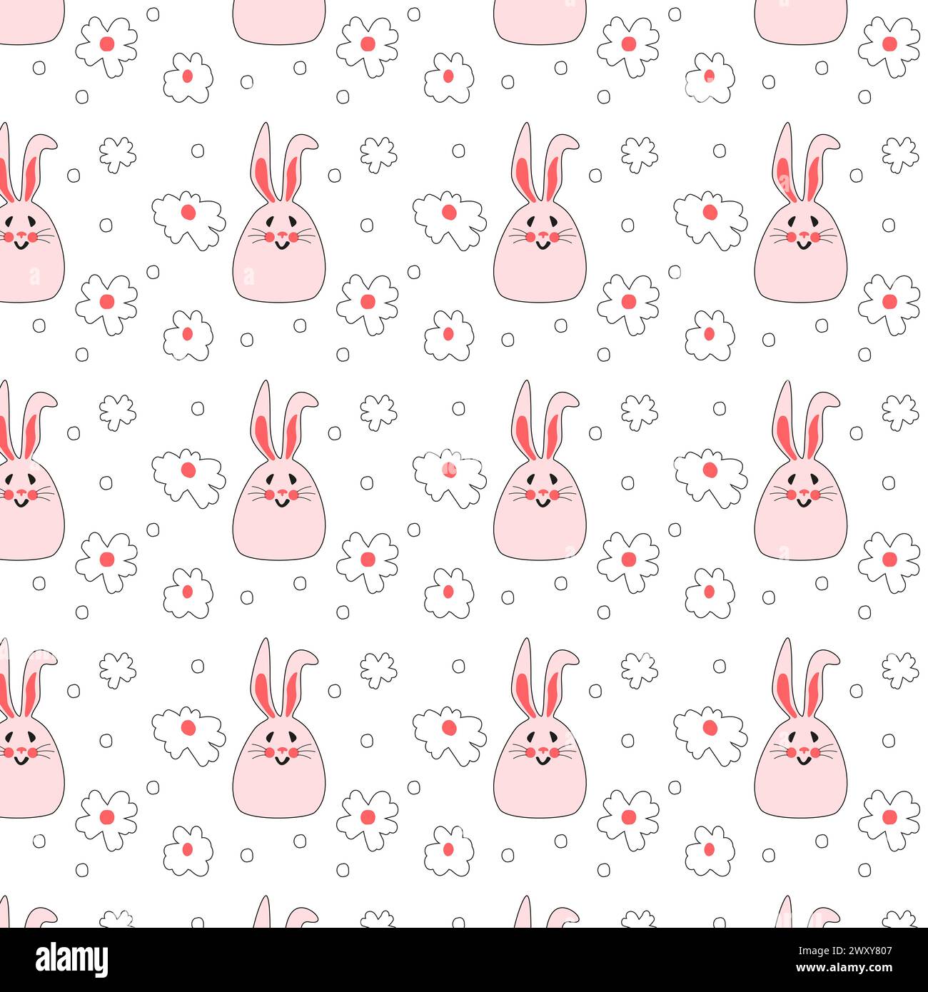 Seamless pattern with pink bunnies with flowers. Easter bunnies for ...