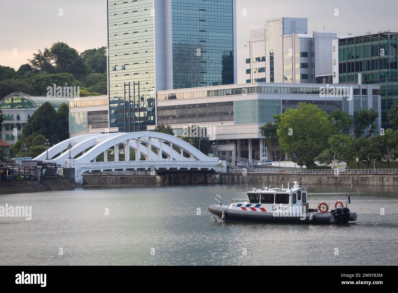 Police coast guard speedboat is patrolling along Singapore River Stock ...