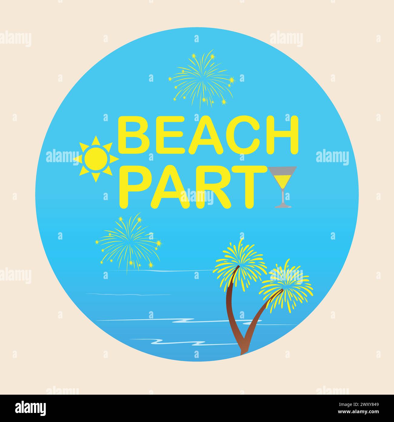 Beach party invitation poster with blue water, fireworks, sun, palm tree and cocktail glass ...