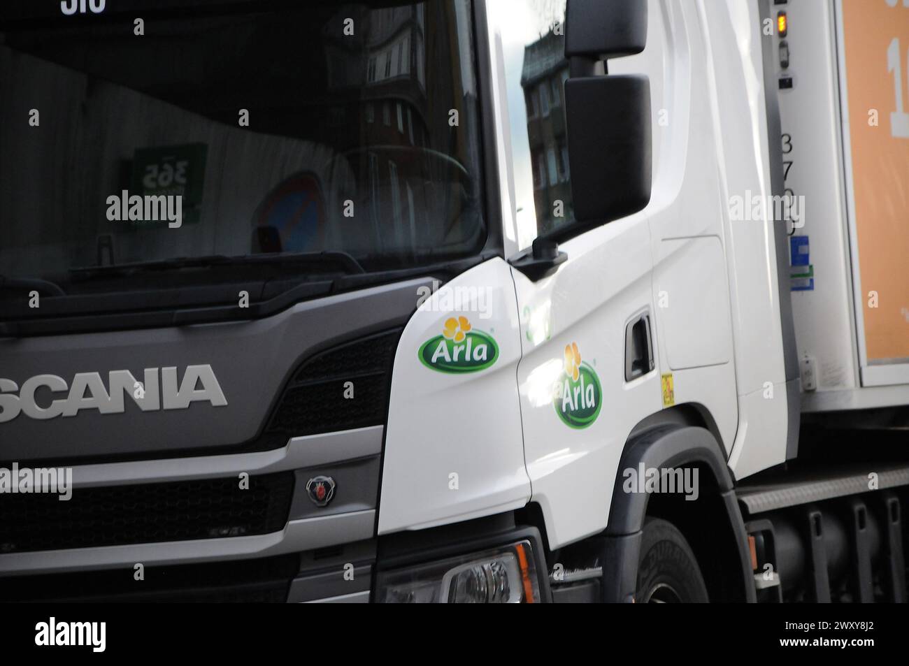 Copenhagen, Denmark /03 April 2024/ Arla dairy food proucts delivery ...