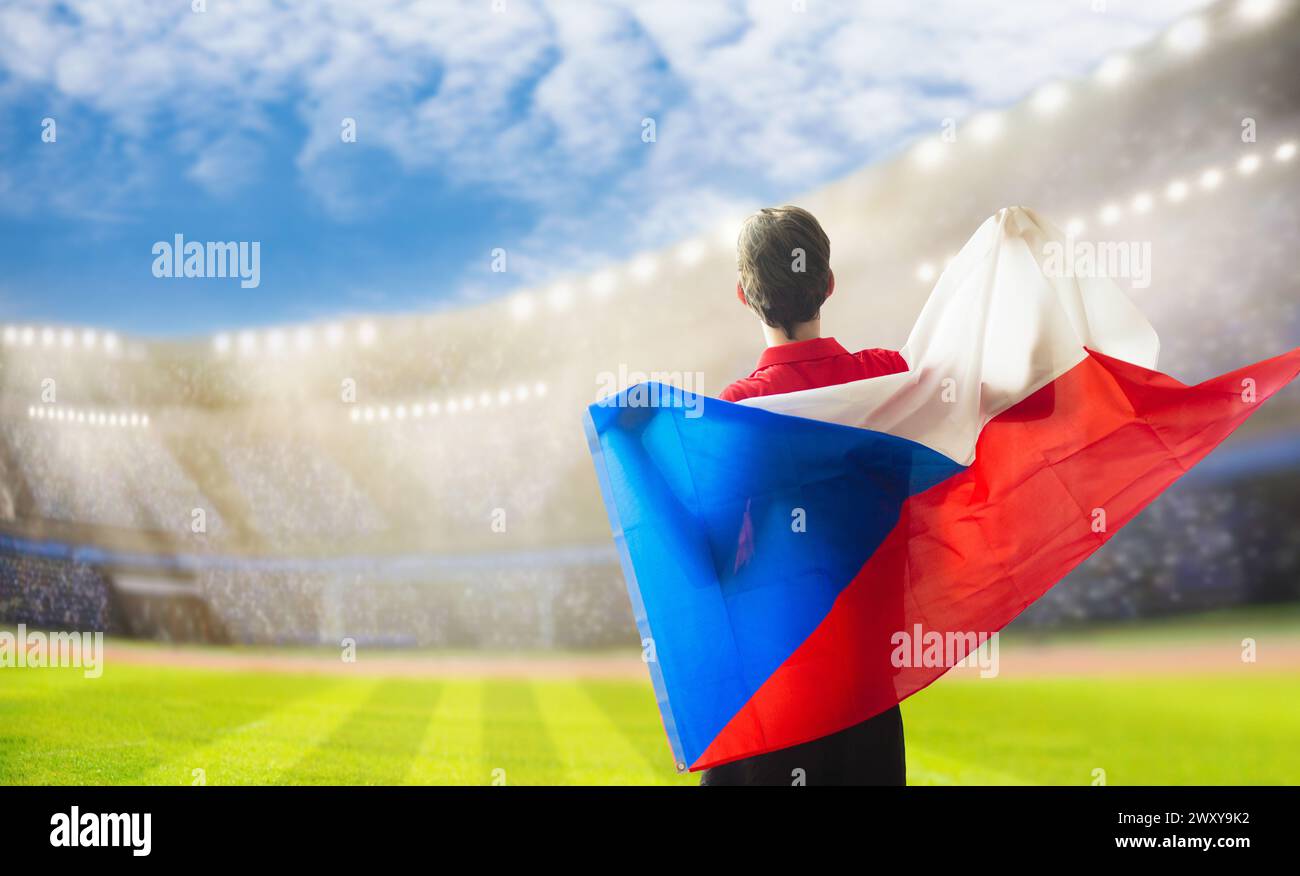 Czechia football supporter on stadium. Czech fans cheer on soccer pitch ...