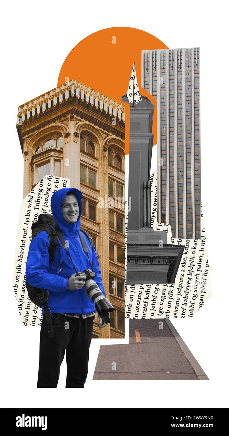 Poster. Contemporary art collage. Man in black and white filter stands ...