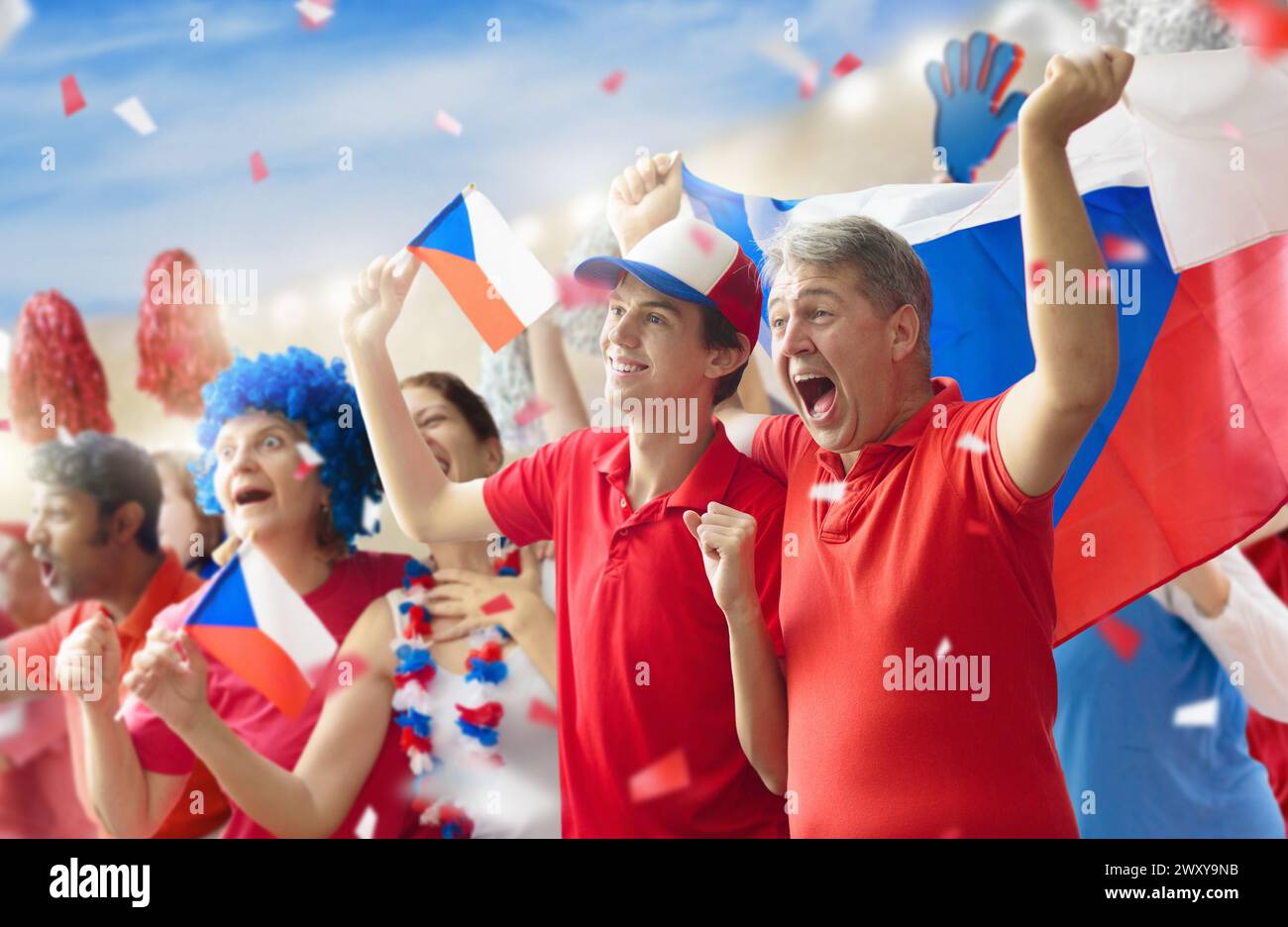 Czechia football supporter on stadium. Czech fans cheer on soccer pitch ...