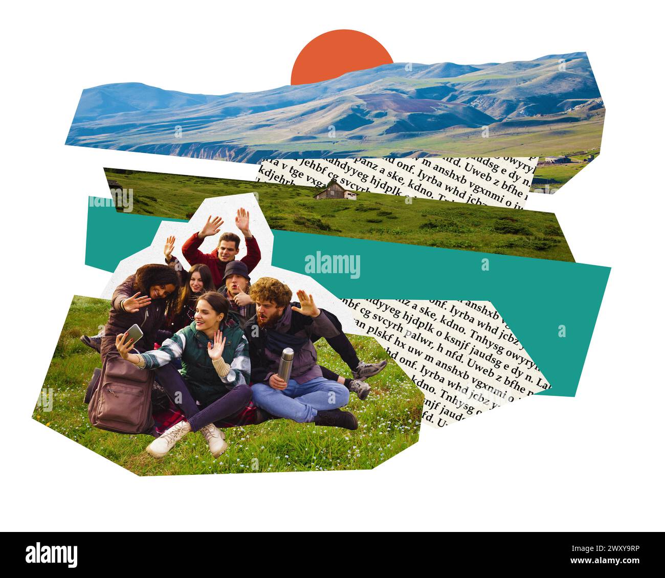 Poster. Contemporary art collage. Group of people, friends sits in ...