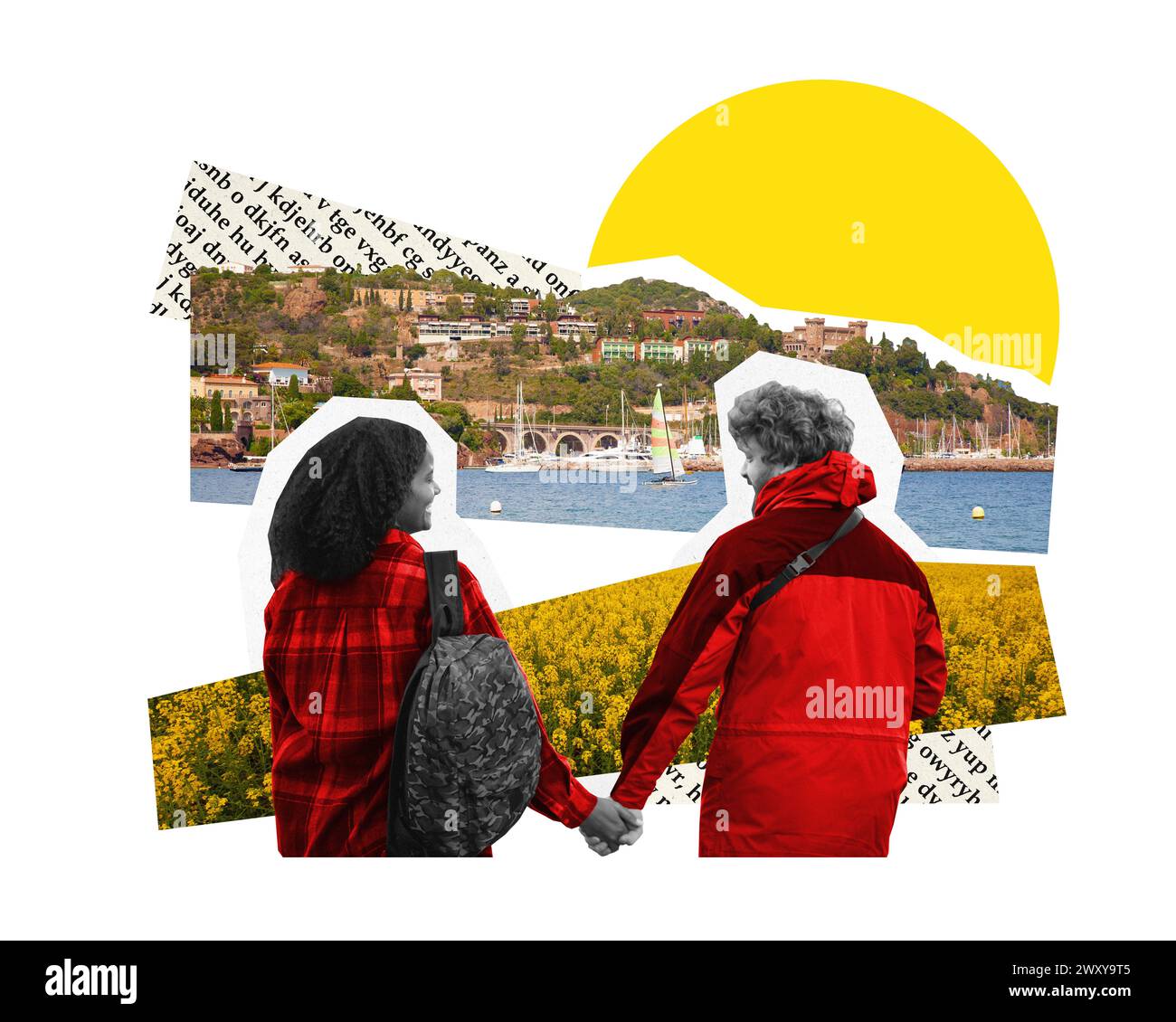 Poster. Contemporary art collage. Beautiful couple holding hands while ...