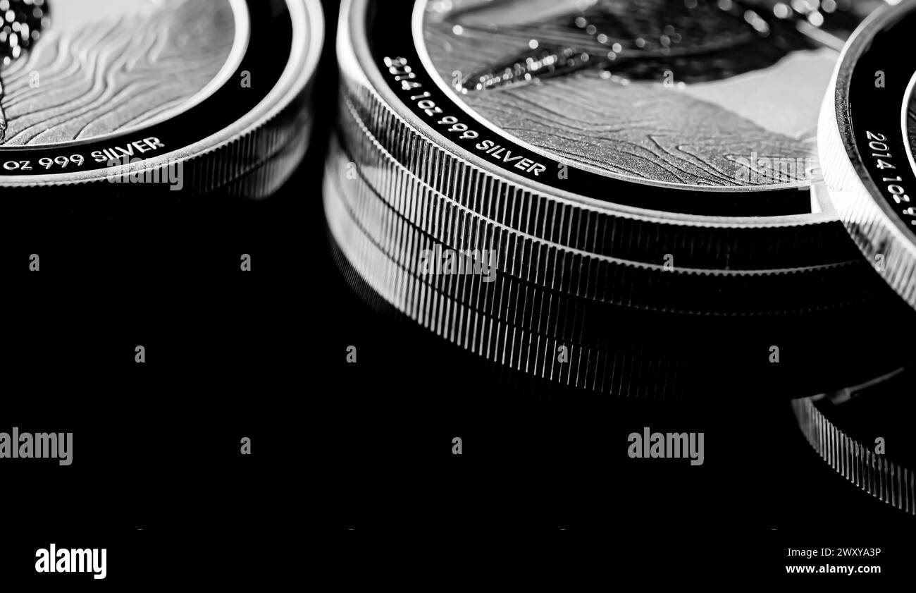 Macro Close up of Silver Bullion Coin on a black mirror background ...
