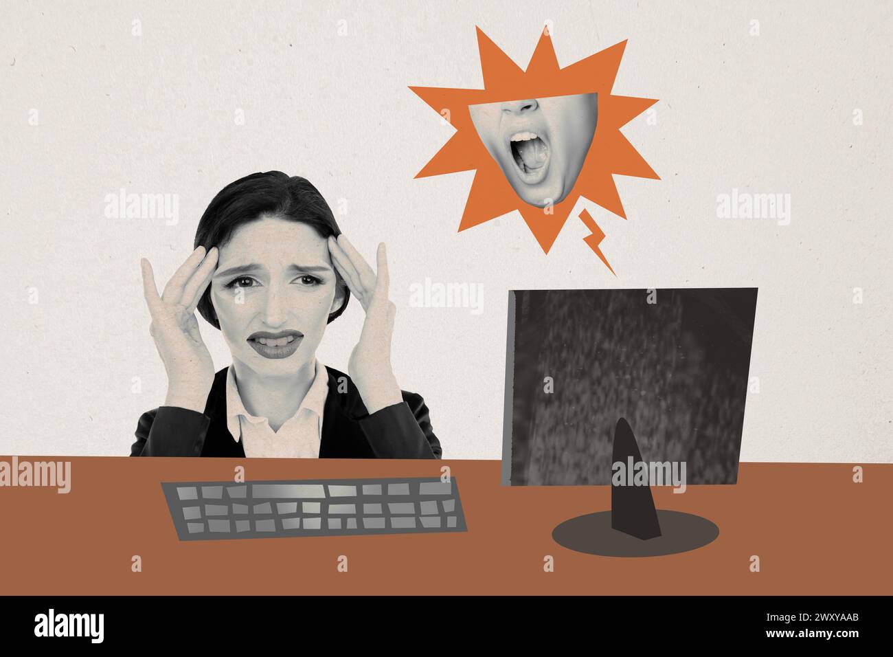 Composite photo collage of sad girl sit computer monitor video call ...