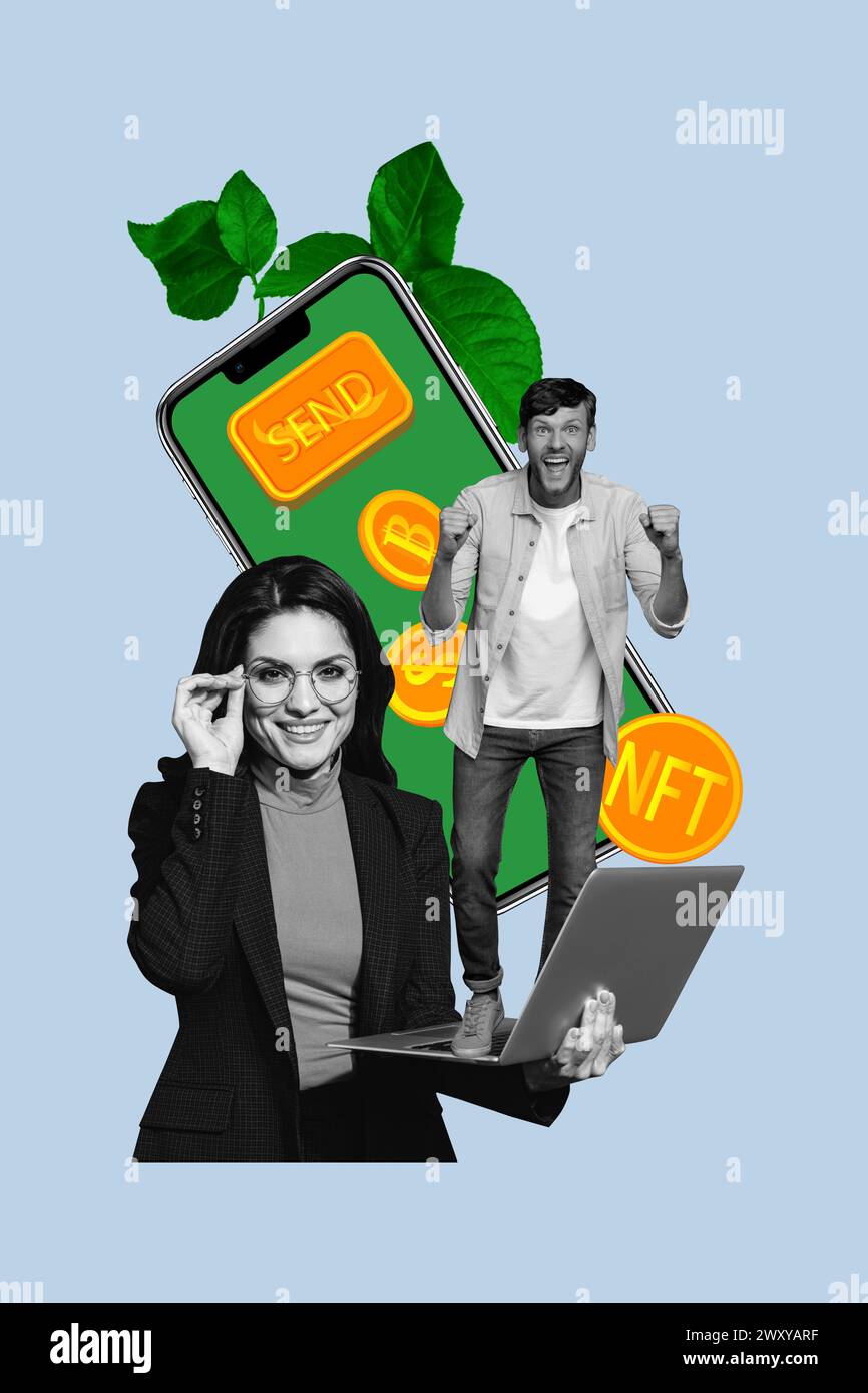 Vertical creative picture collage young businesswoman laptop smartphone ...