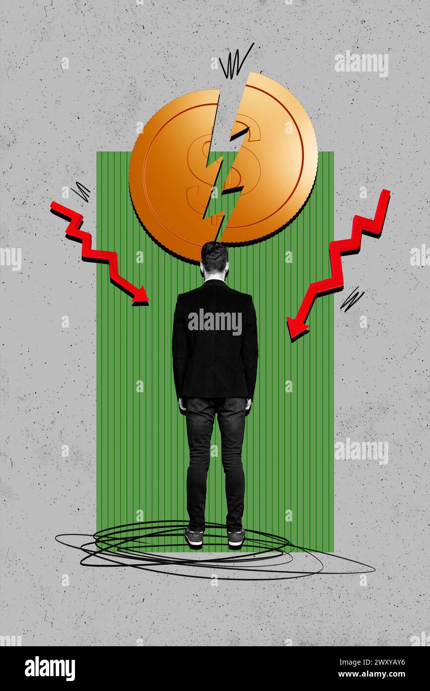 Vertical photo collage of businessman stand back look fall arrow down ...