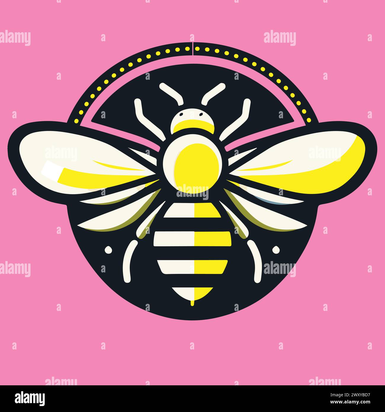 A simple flat illustration of a yellow and black bee inside a white ...