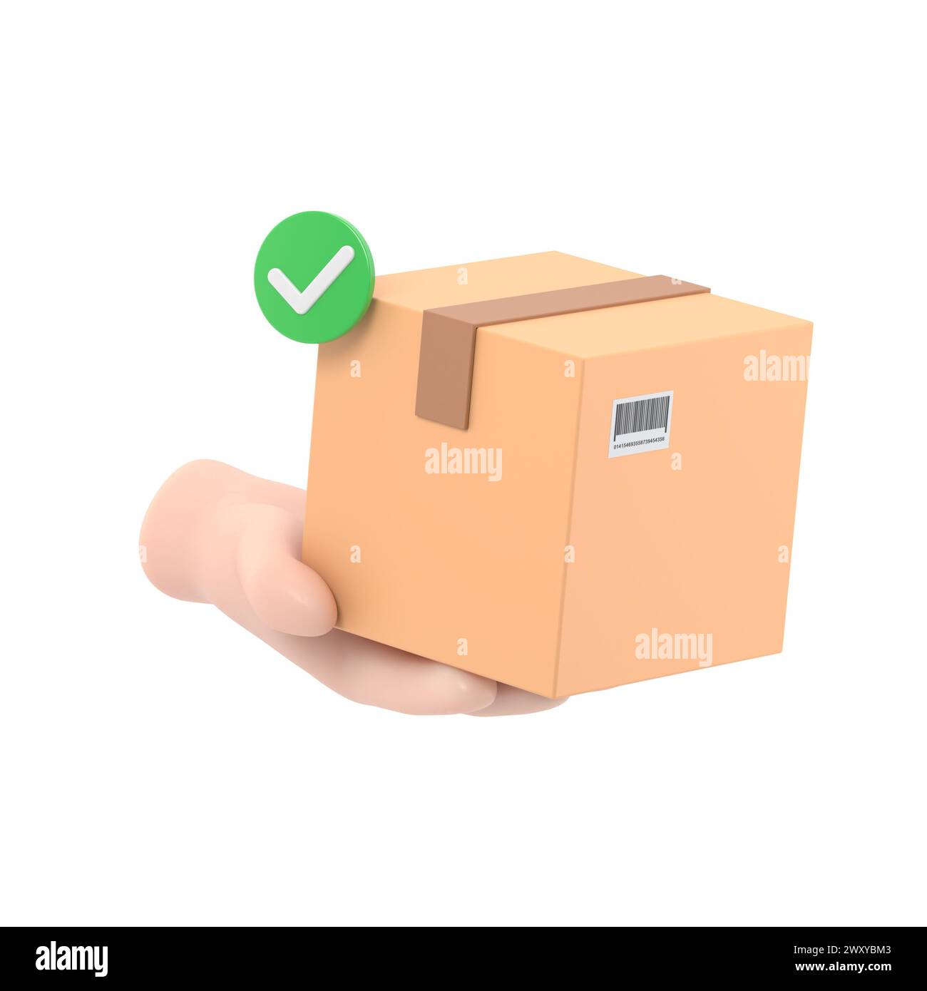 3D Hand holding parcel with check mark. Delivery of order in cardboard ...