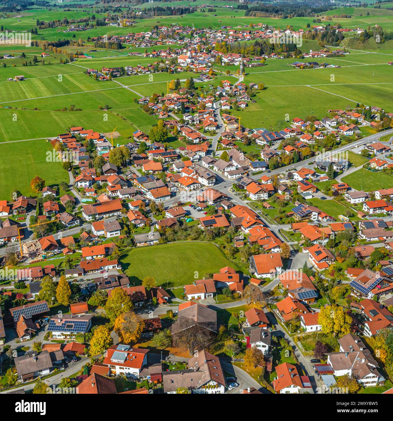 Aerial view of the village of Buching on the Bavarian border of the ...