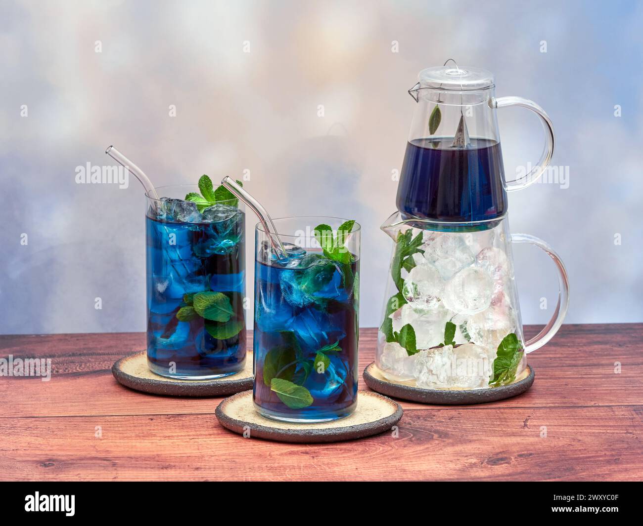 Iced blue tea made from Anchan flowers also known as butterfly pea ...