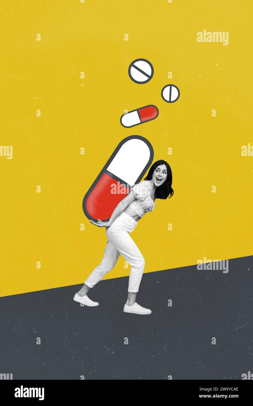 3D collage artwork image of young hardworking strong lady hold in hand ...