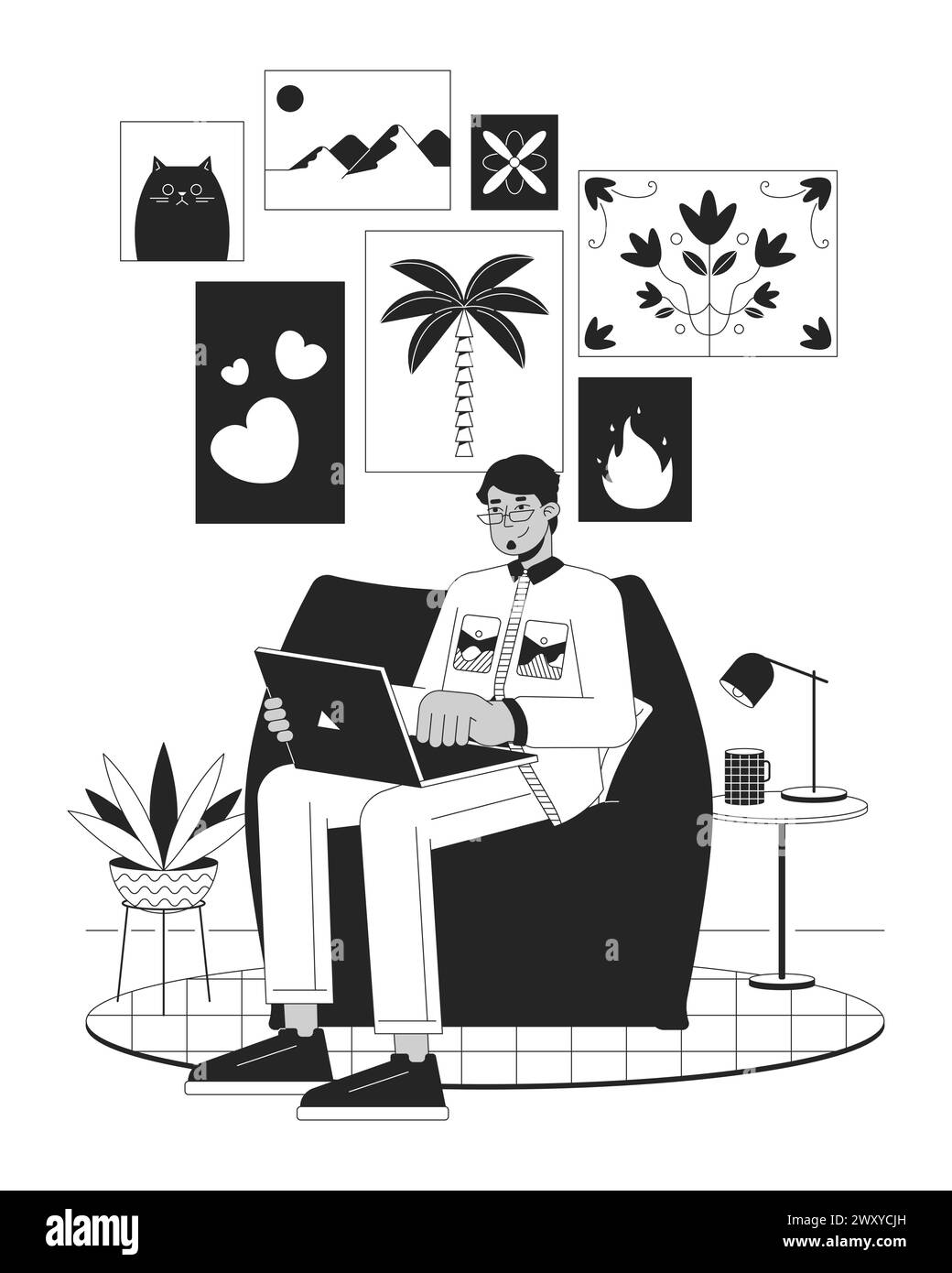 Work comfortable black and white line illustration Stock Vector Image ...