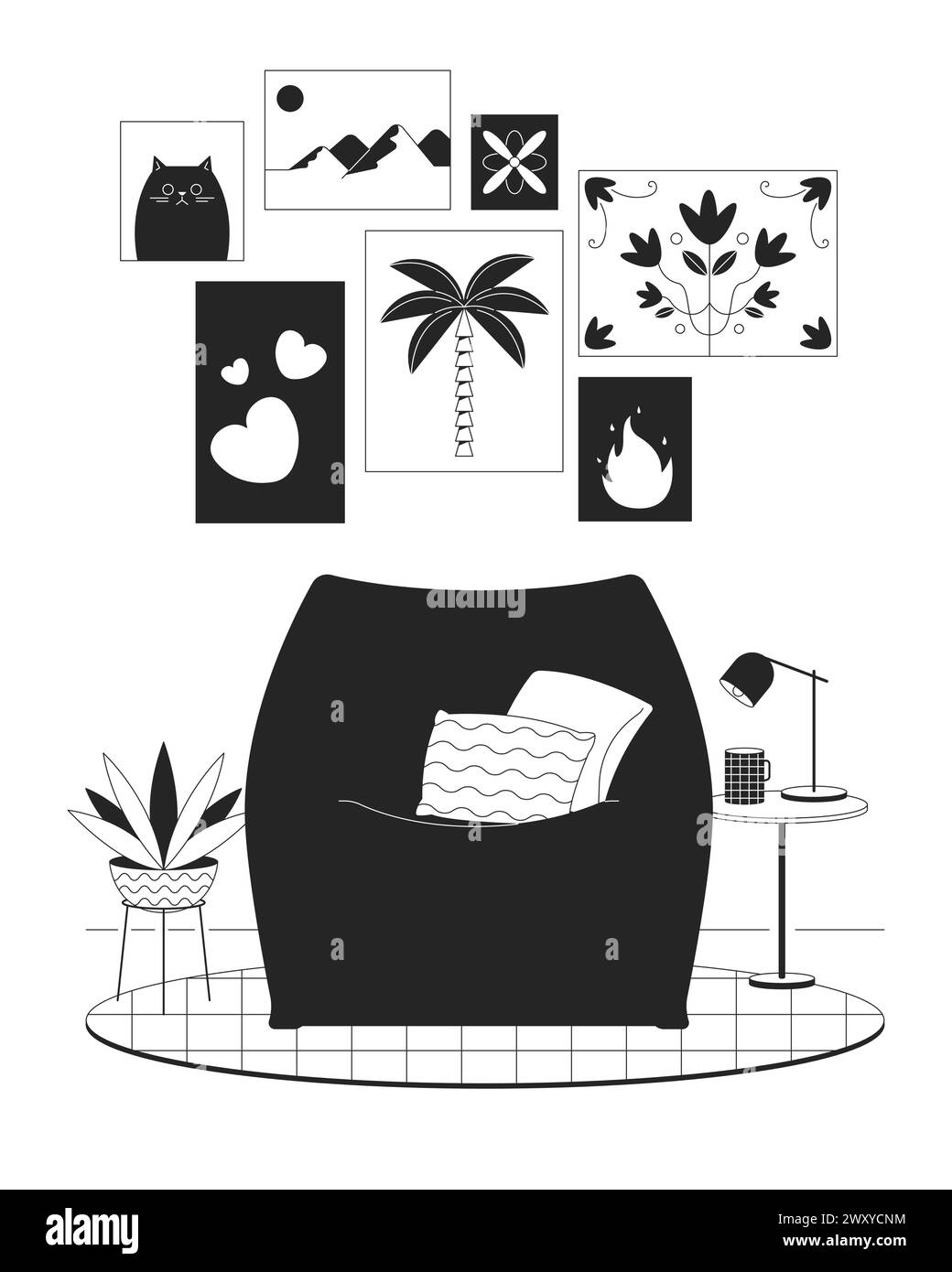 Chill out corner black and white line illustration Stock Vector Image ...