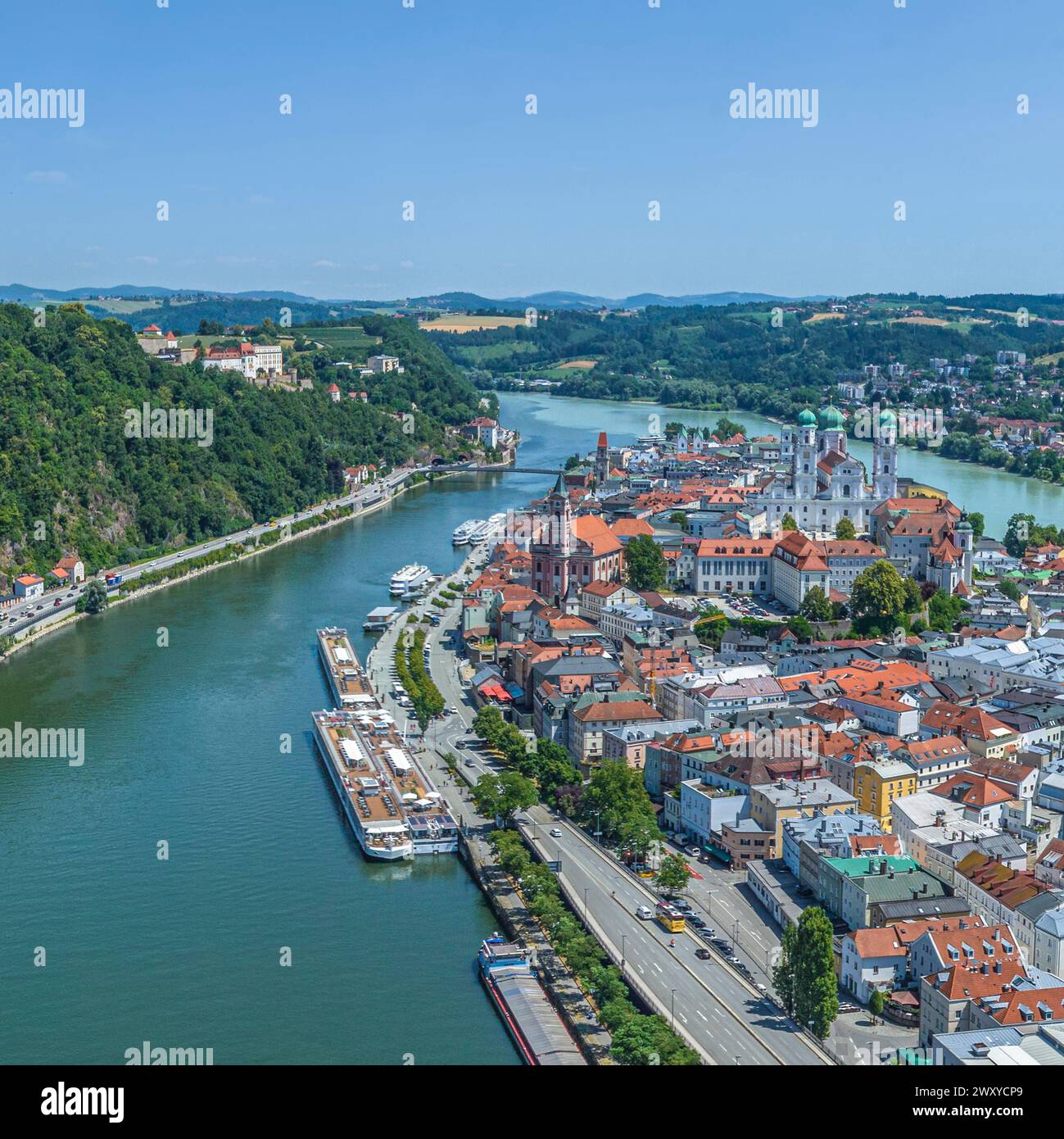 Aerial view of the beautiful three-river city of Passau in Lower ...