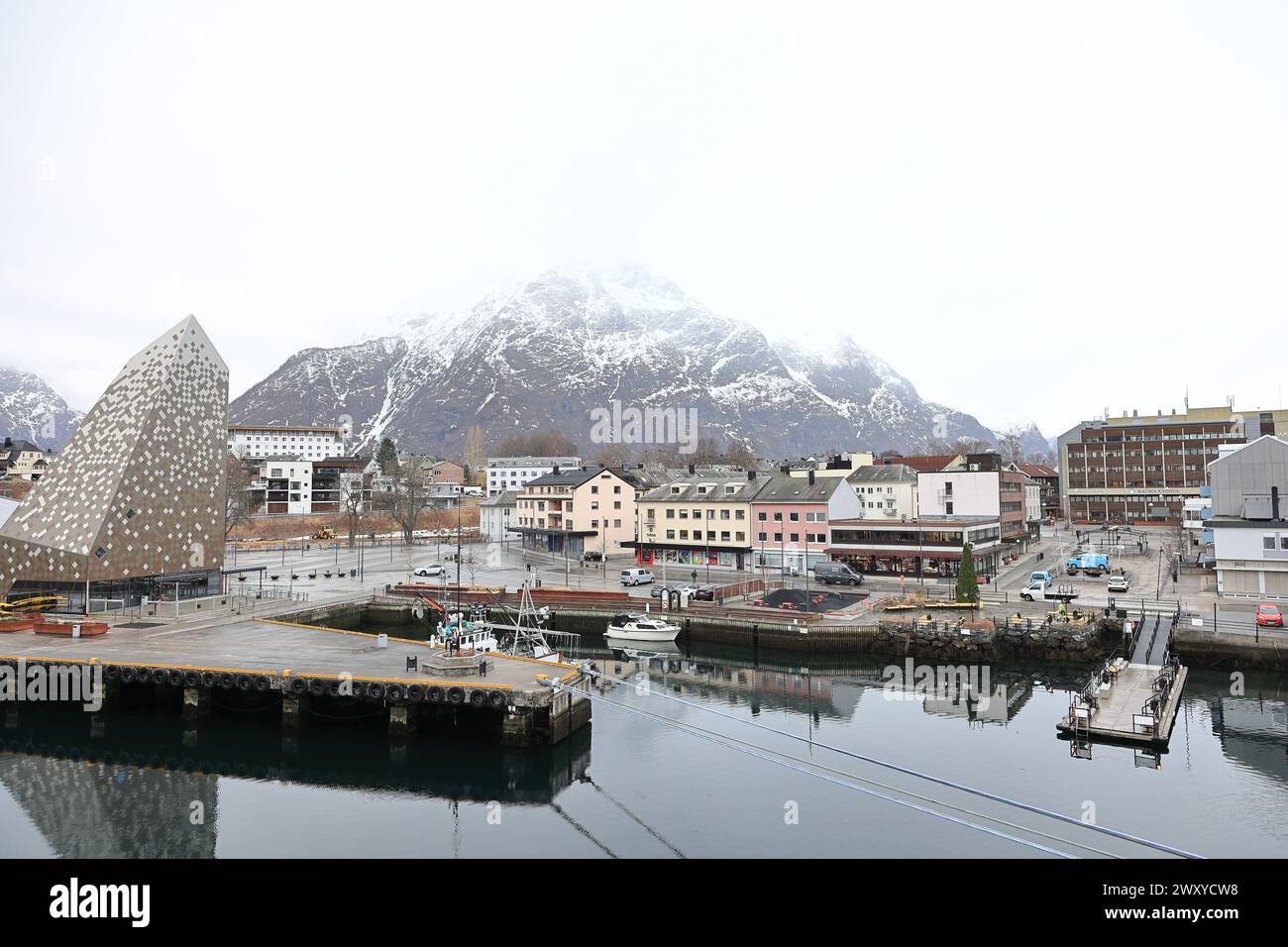 The view across the Andalsnes waterfront in Norway. Andalsnes is a ...