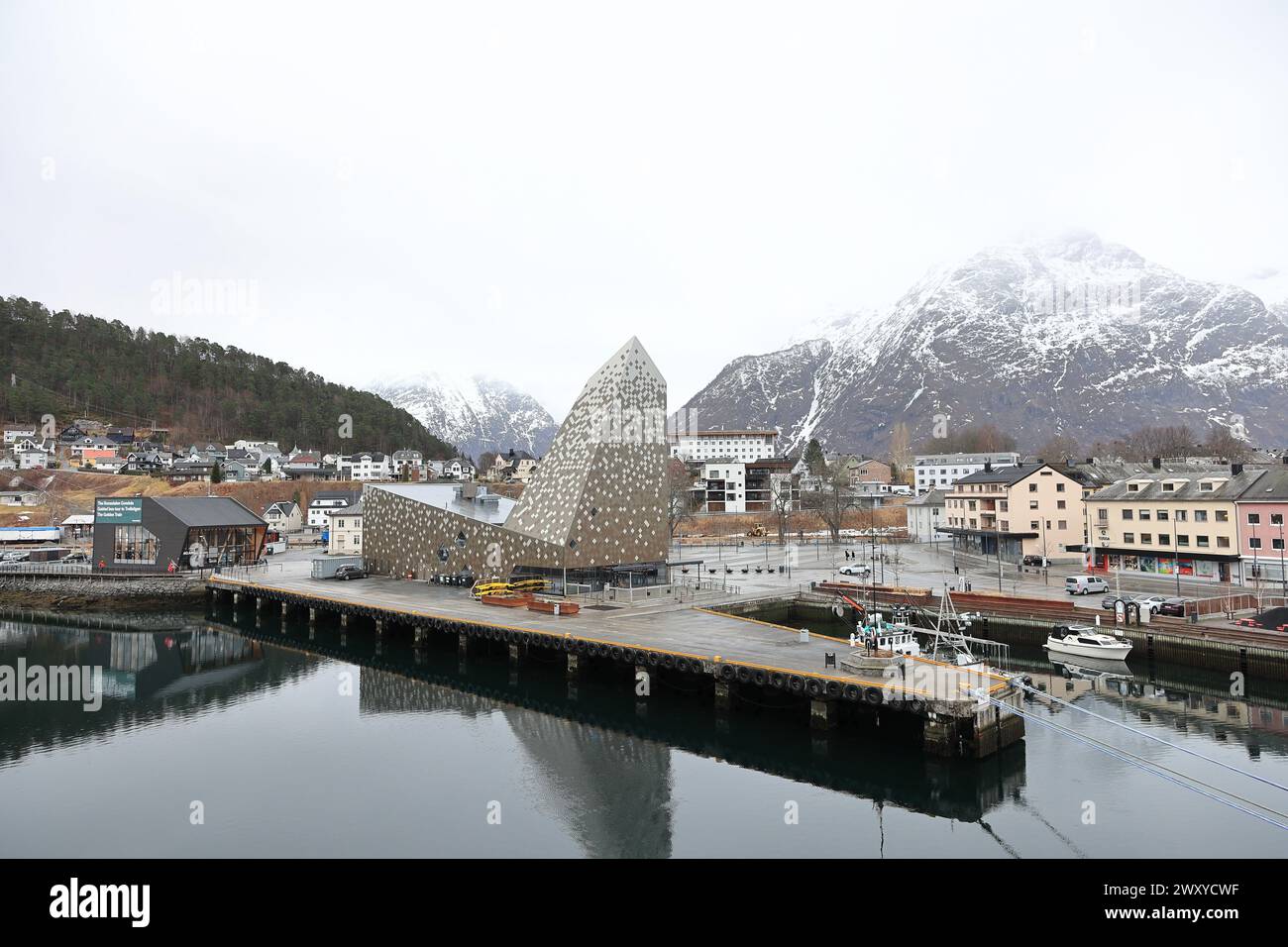 The view across the Andalsnes waterfront in Norway. Andalsnes is a ...