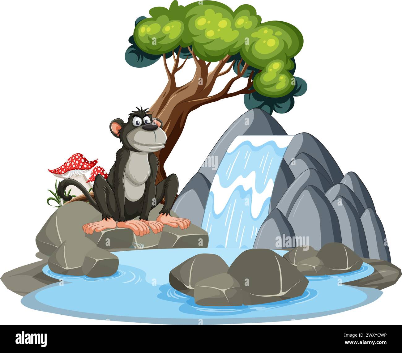 Cartoon monkey sitting by a waterfall and rocks Stock Vector Image ...