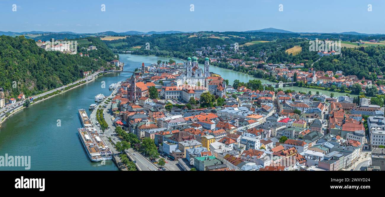 Aerial view of the beautiful three-river city of Passau in Lower ...