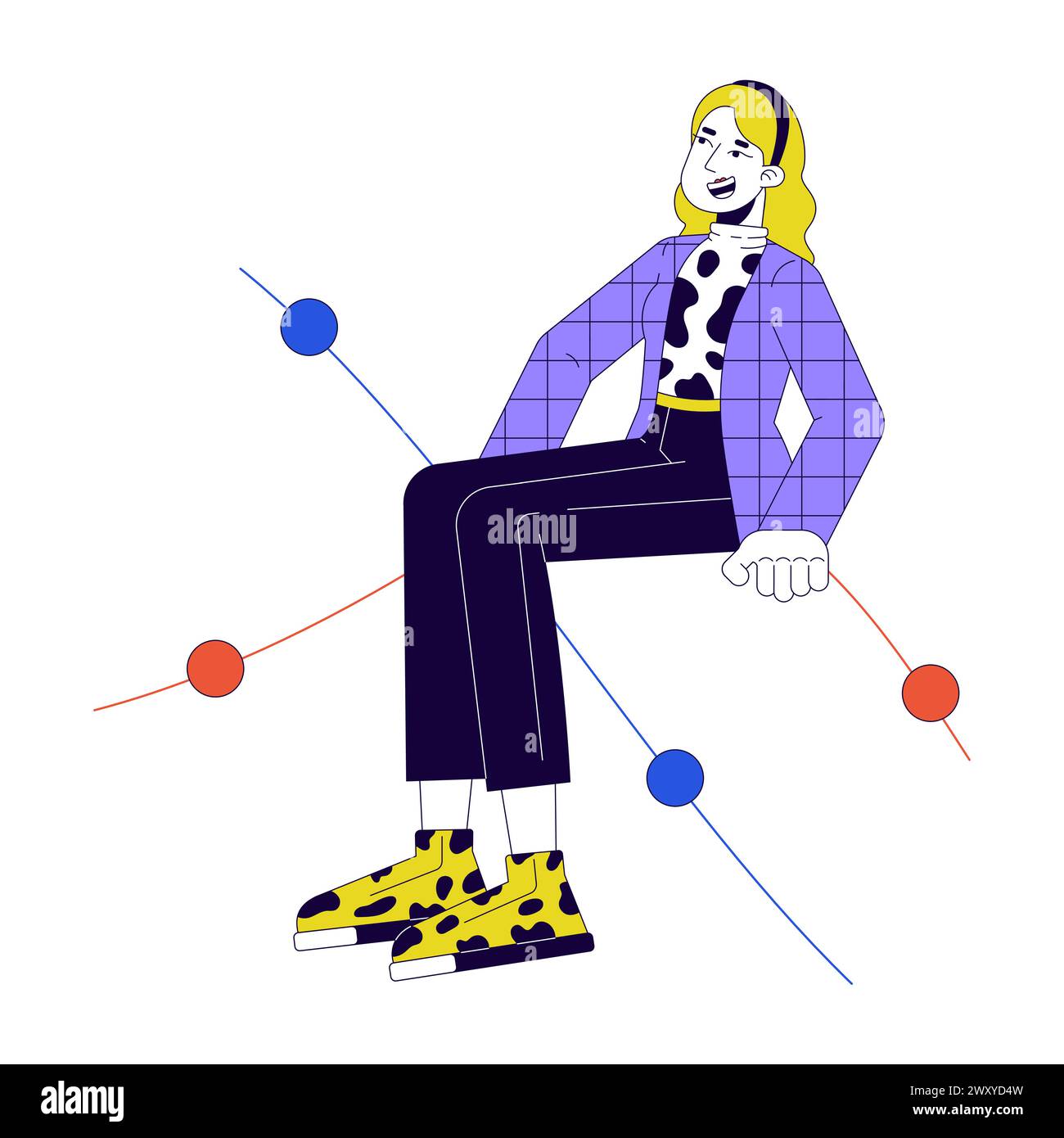 Blonde female sitting on charts 2D linear cartoon character Stock ...