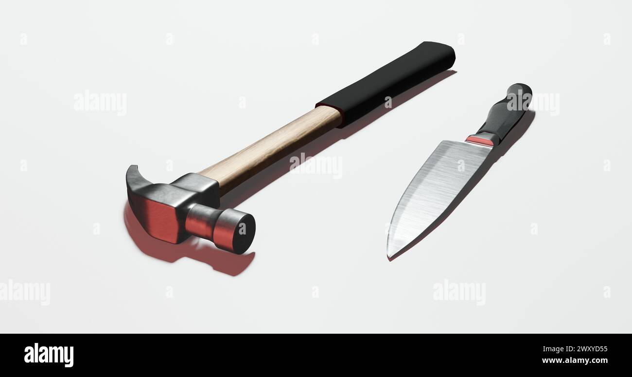 isolated 3d render of claw hammer and home knife for domestic violence ...