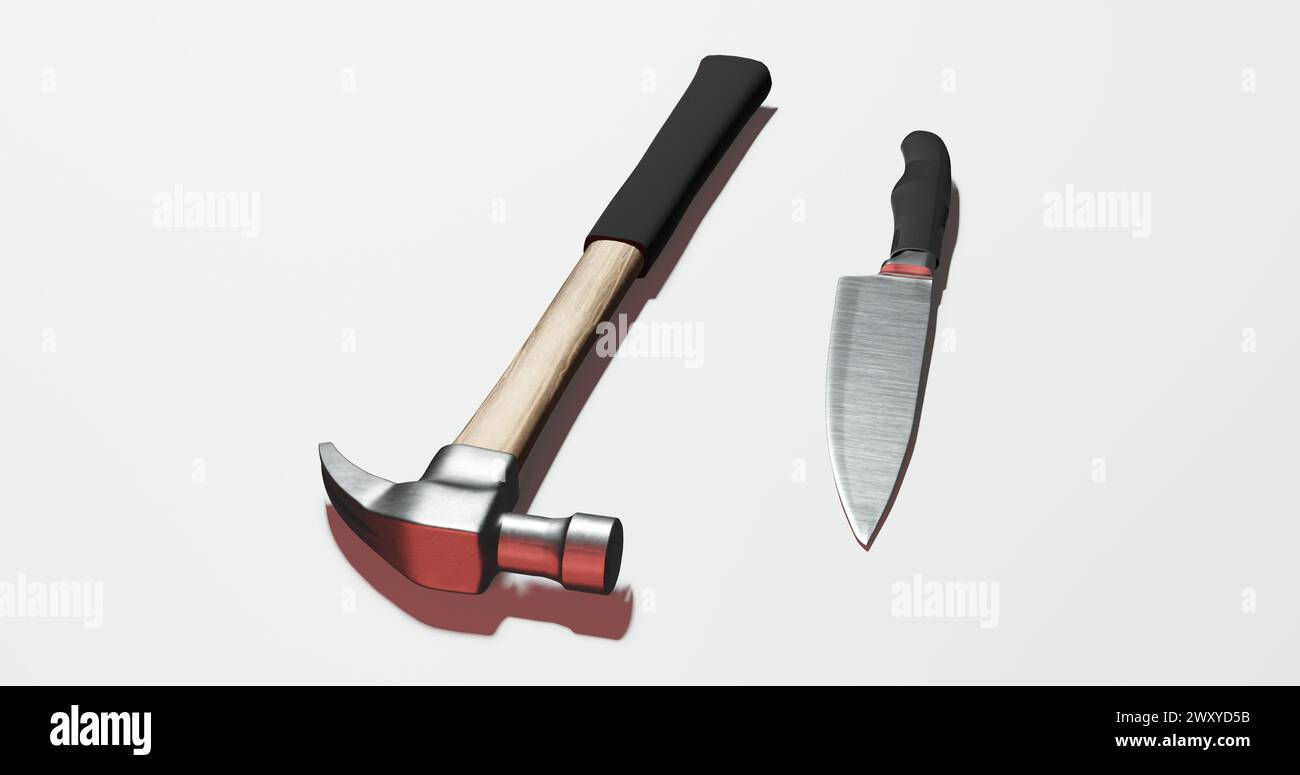 isolated 3d render of claw hammer and home knife for domestic violence ...