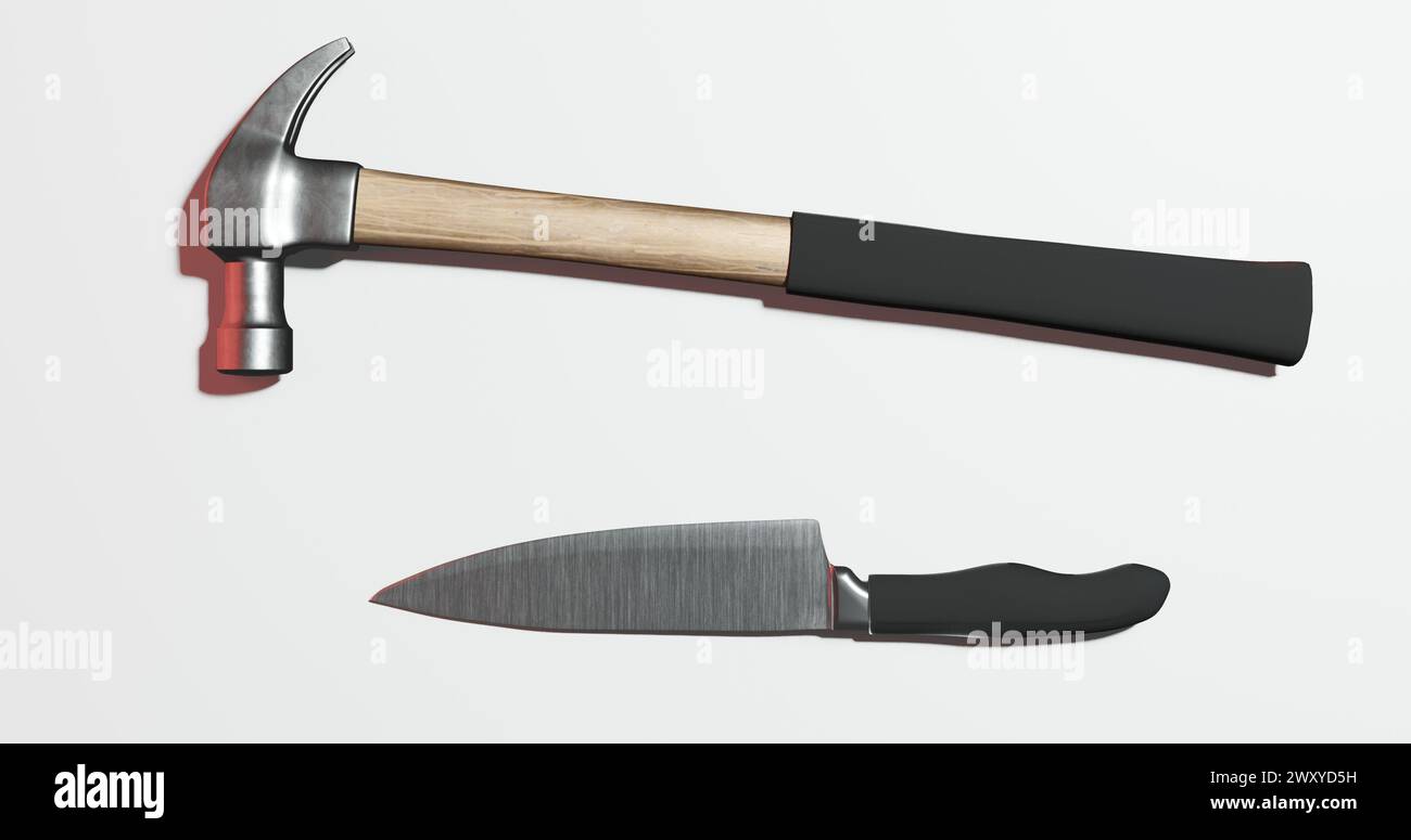 isolated 3d render of claw hammer and home knife for domestic violence ...