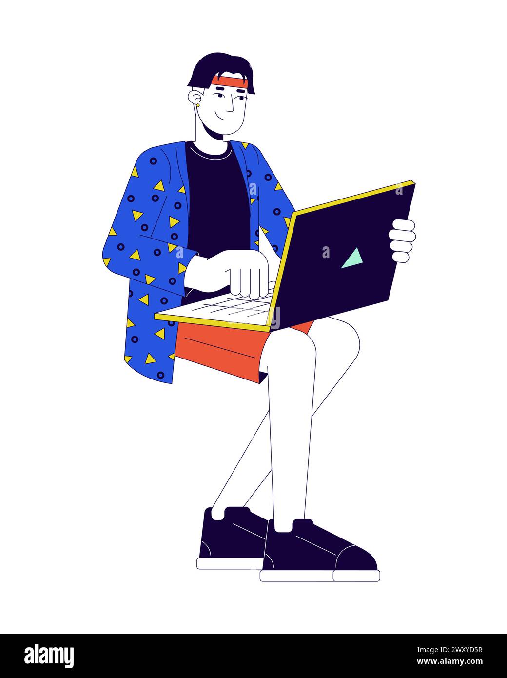 Korean Young Man Typing Laptop 2d Linear Cartoon Character Stock Vector