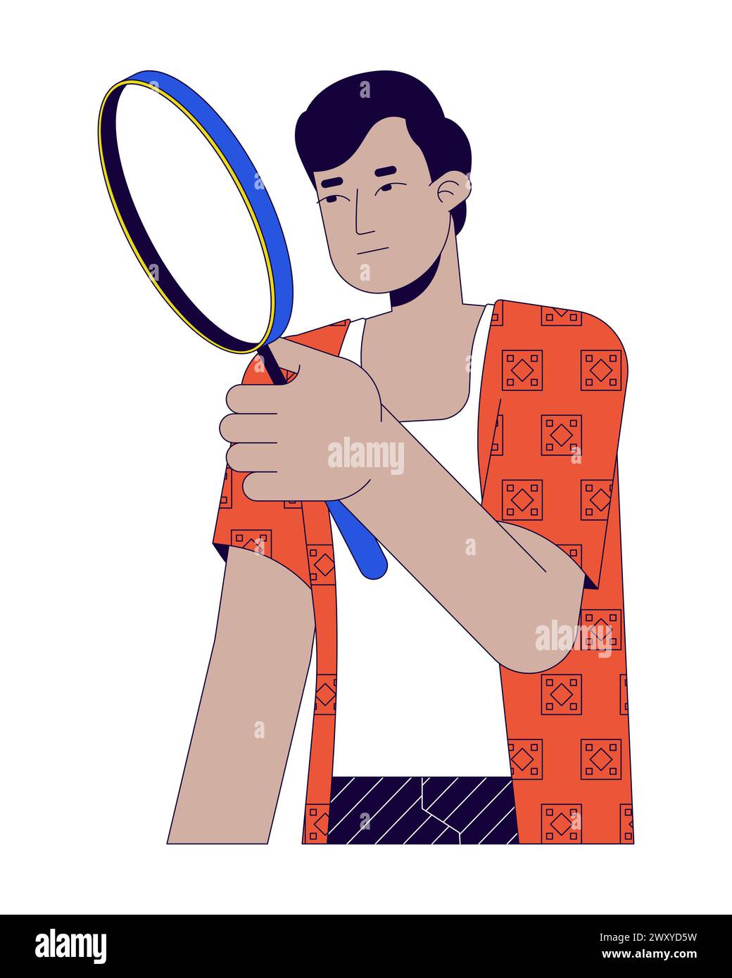 Indian man looking through loupe 2D linear cartoon character Stock ...