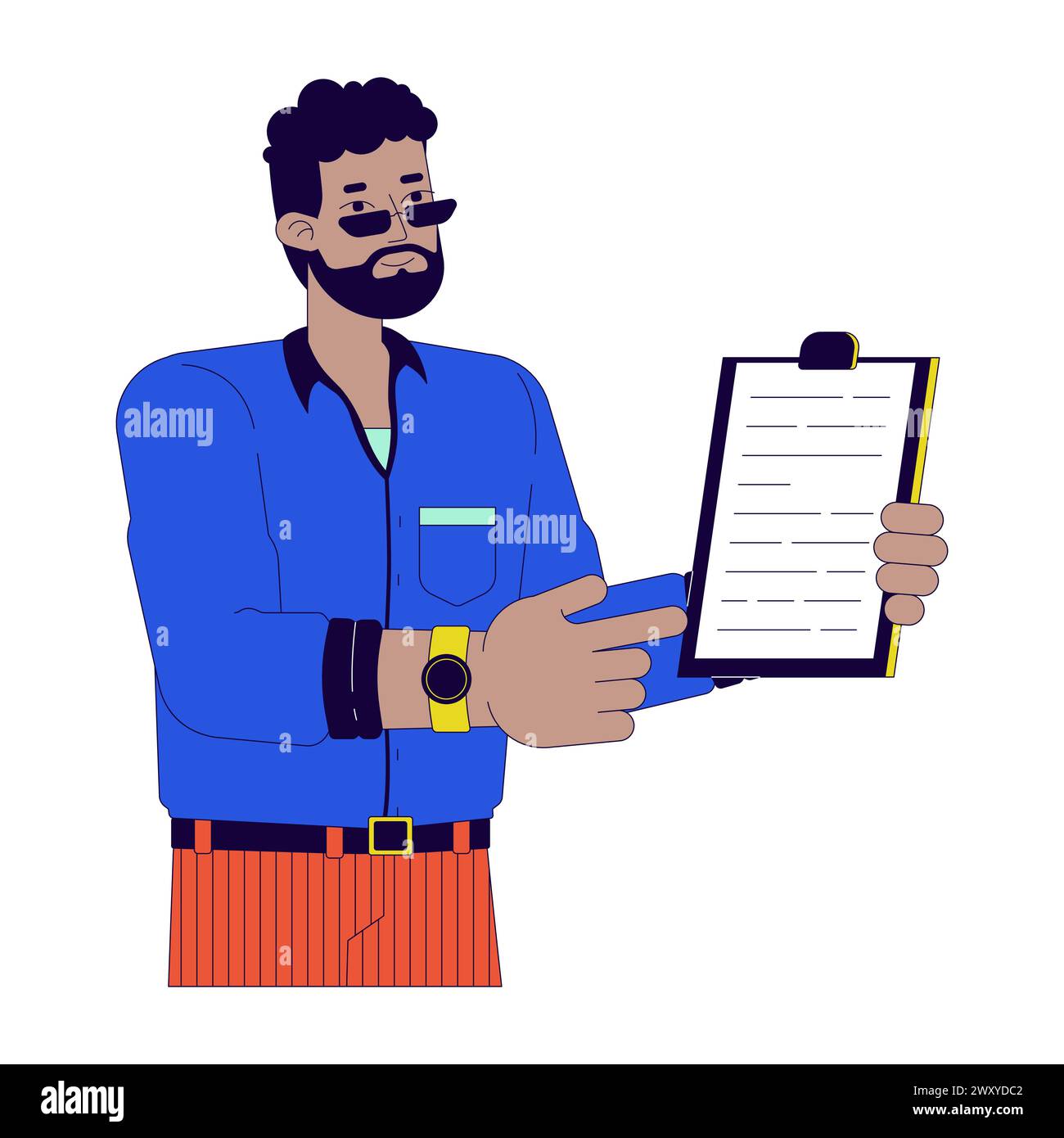 Black Man Showing Clipboard 2d Linear Cartoon Character Stock Vector