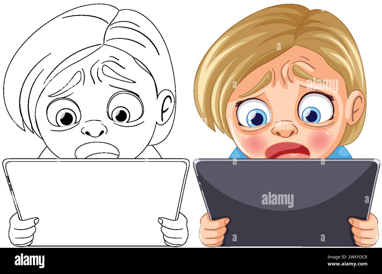 Two children looking at tablets with worried expressions Stock Vector ...