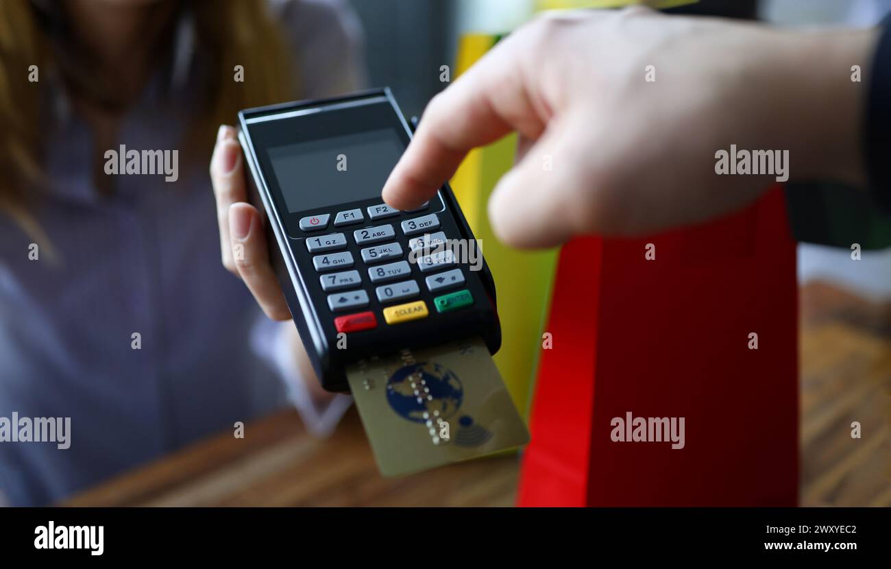Male hand cuonter push button on modern POS terminal Stock Photo - Alamy