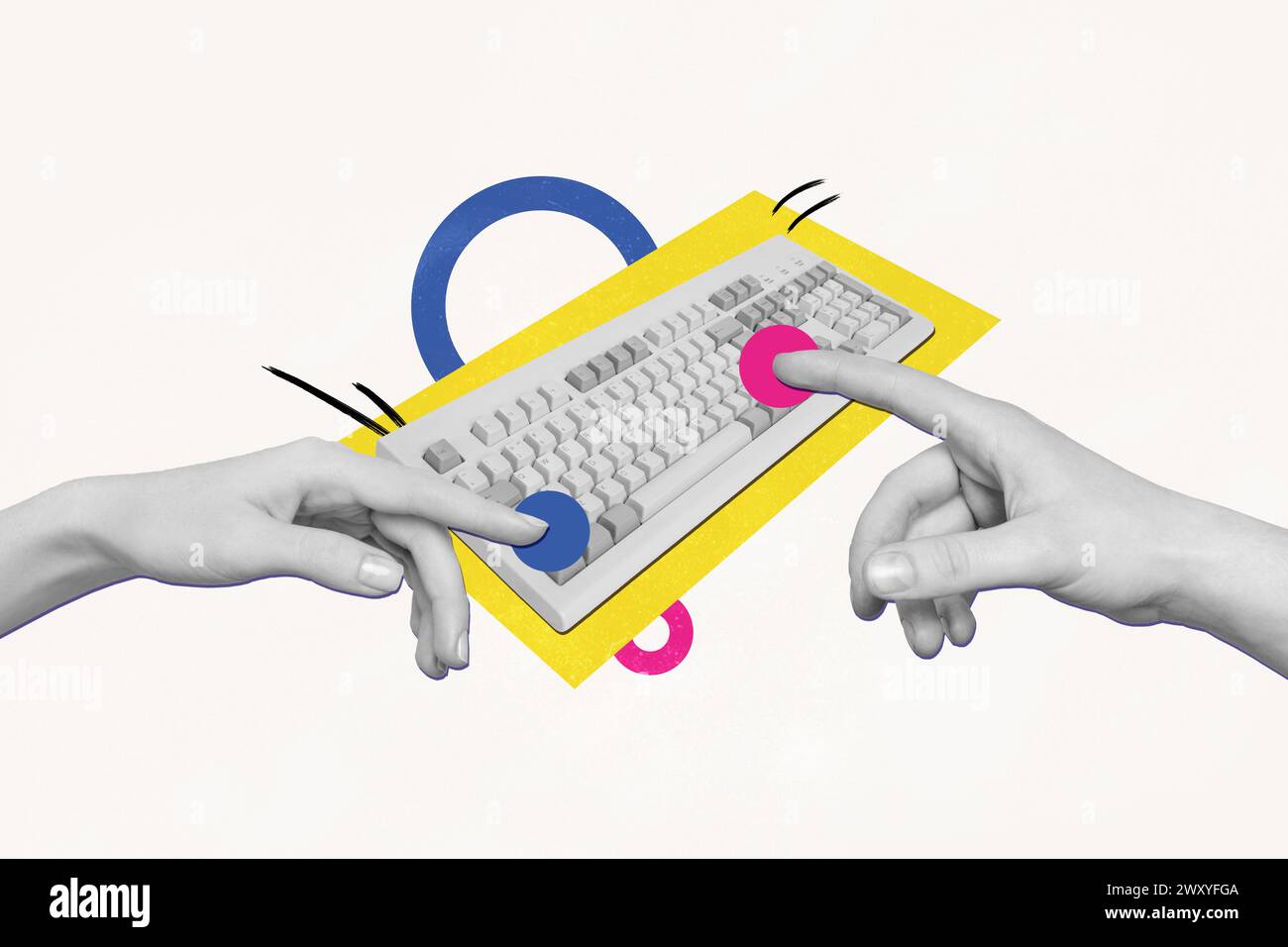 Collage artwork image of it specialist texting typing sms message pc ...