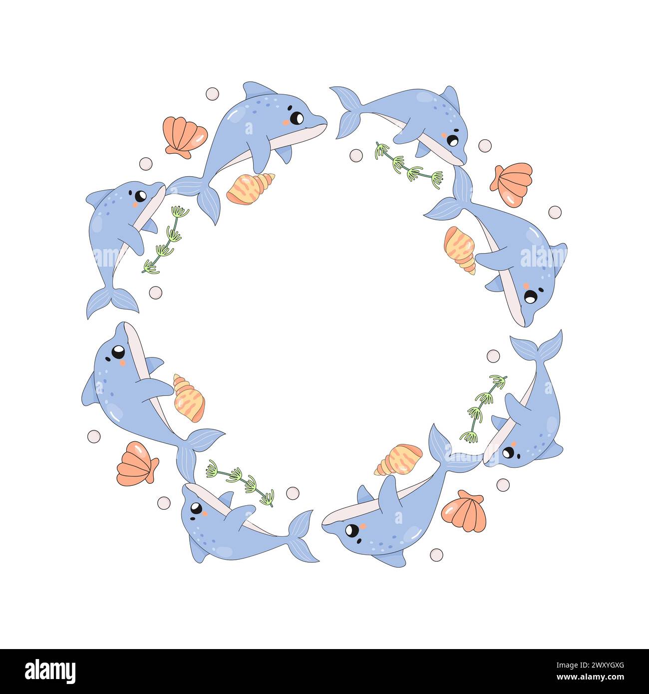 frame, border, of sea creatures, cute baby dolphins and seashells sea ...