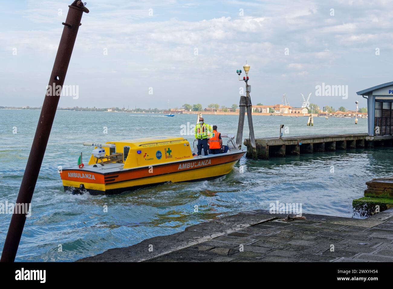 Italy, Venice: rescue boat in front of the Hospital of San Giovanni e ...