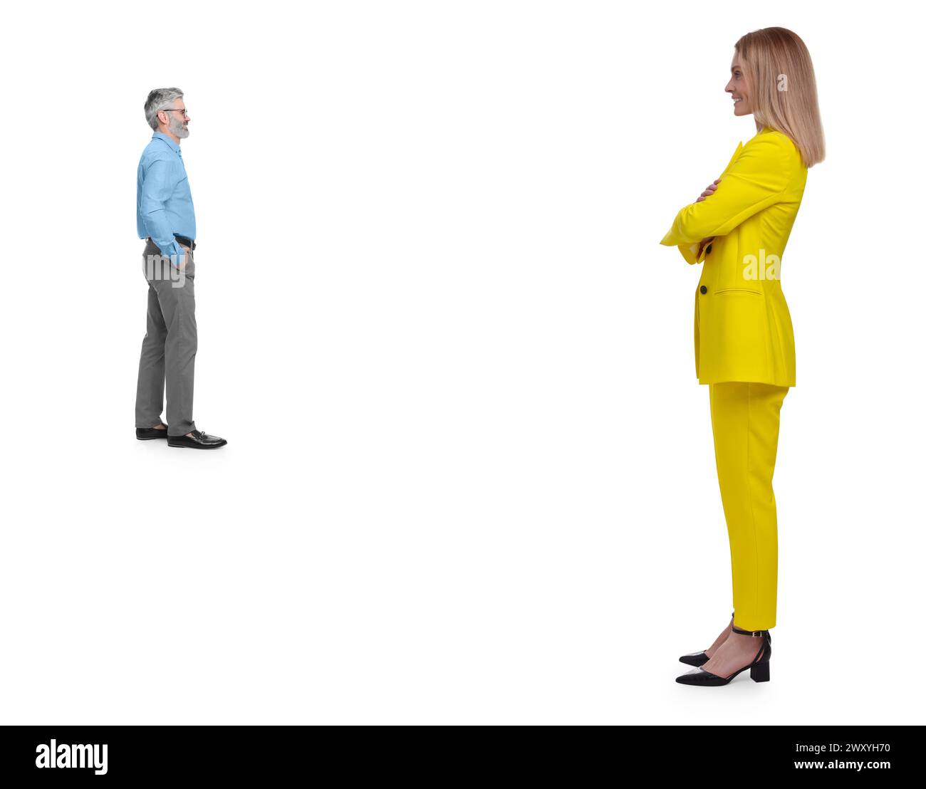 Giant woman and small man on white background Stock Photo - Alamy