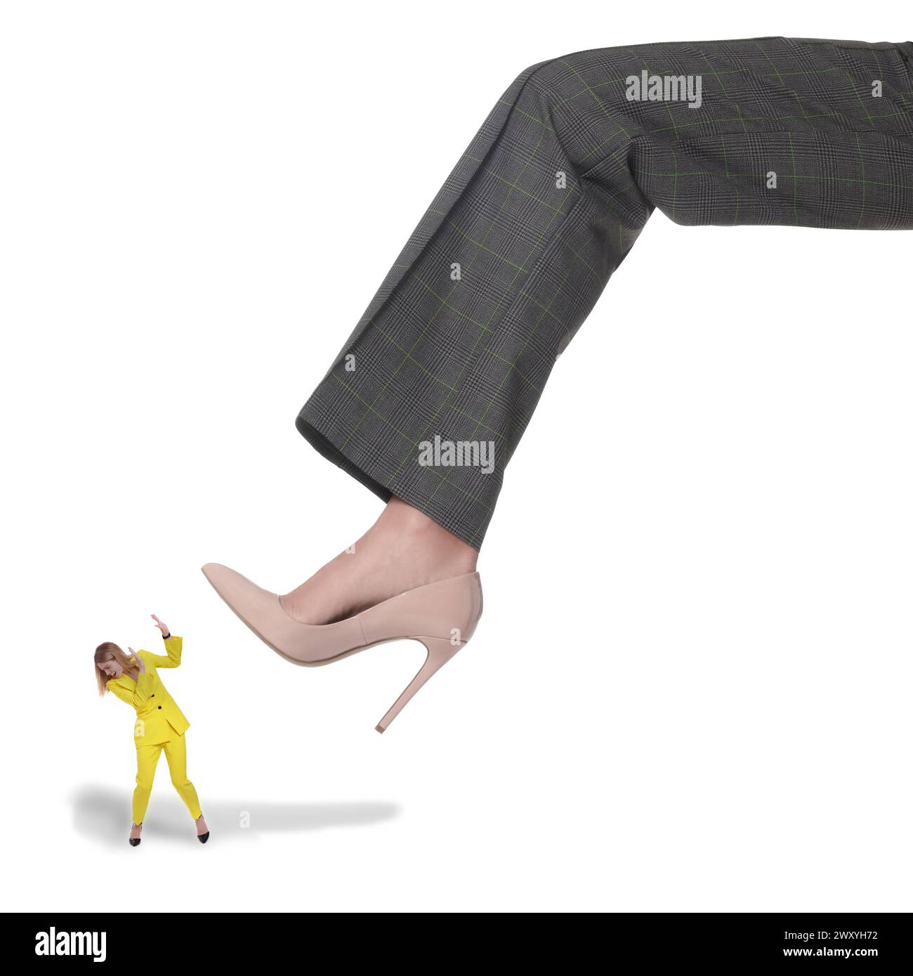 Giant stepping onto small woman on white background Stock Photo - Alamy