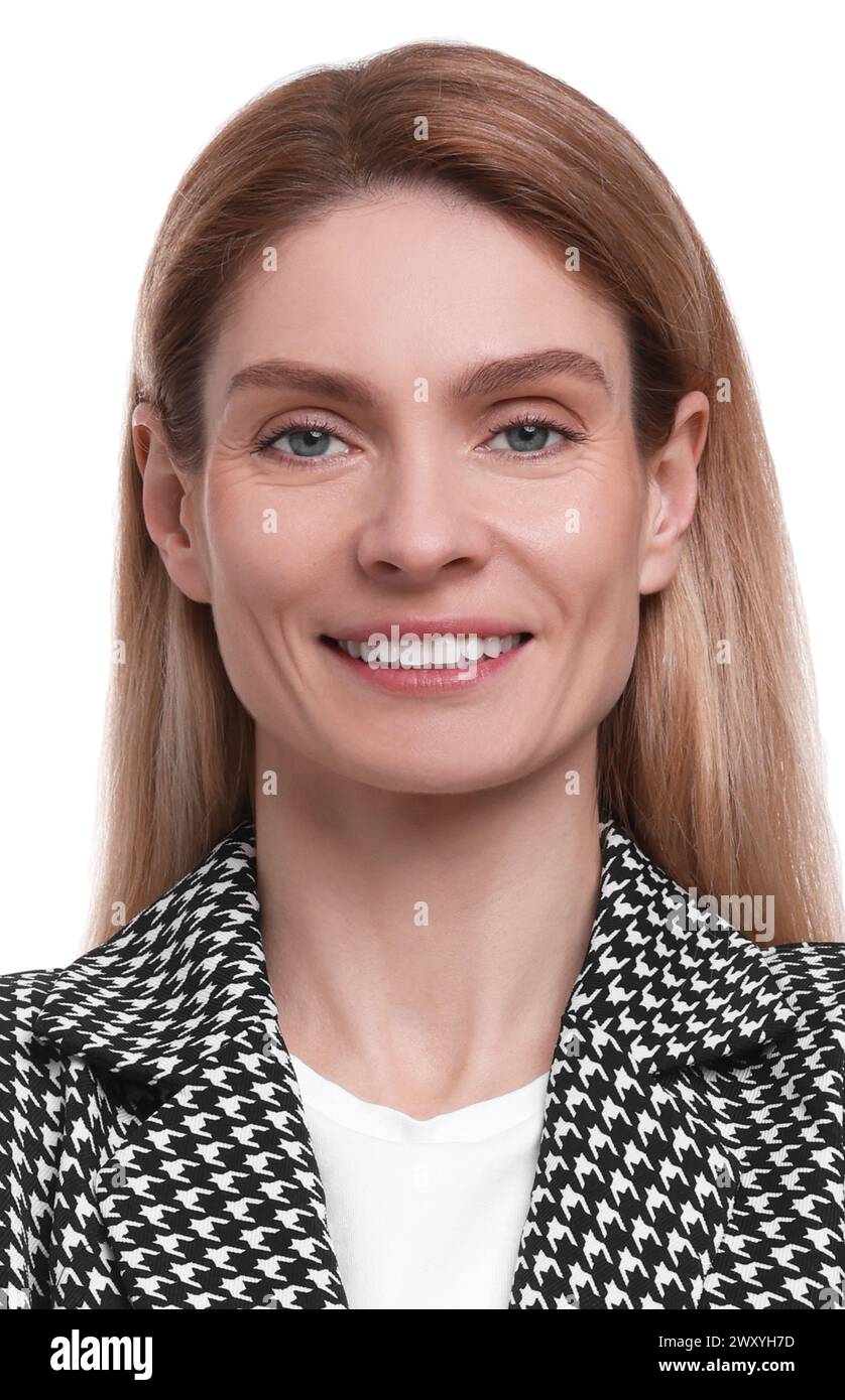 Passport photo. Portrait of woman on white background Stock Photo - Alamy