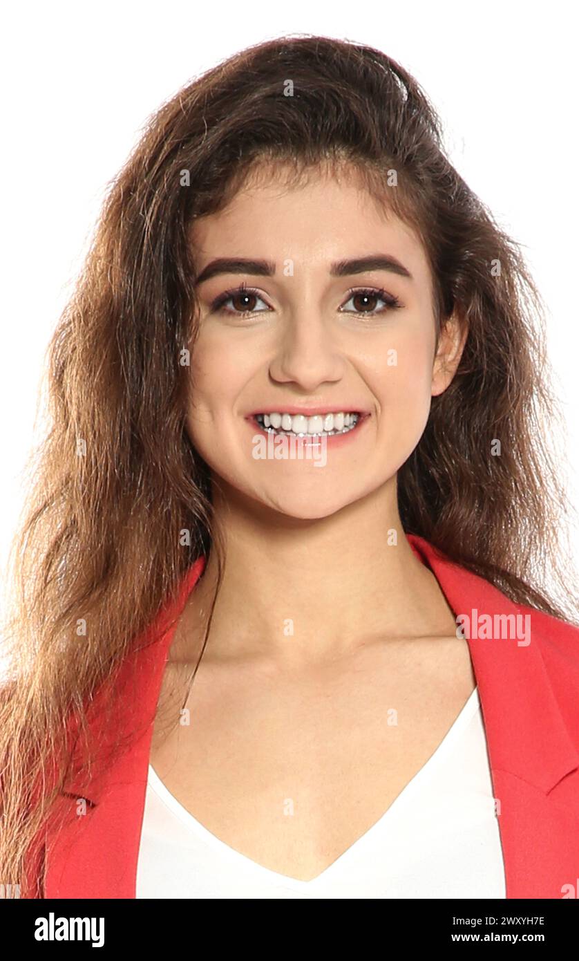 Passport photo. Portrait of woman on white background Stock Photo - Alamy